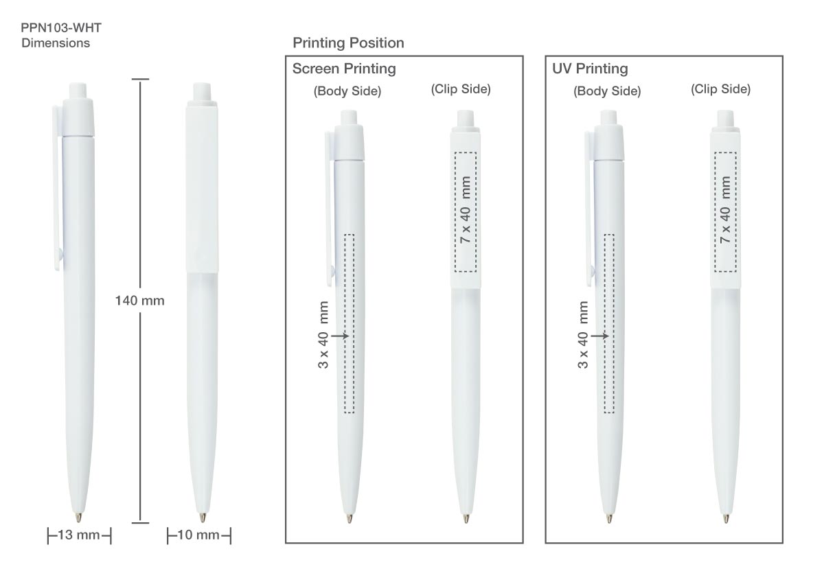 Plastic Pens White Color, Push Button, Wide Clip for Logo - PrintWave Oman